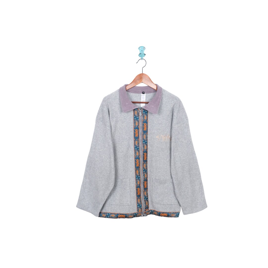 Vintage 90s Fleece Gray Colorful Lightweight Jumper Aztec Details ...
