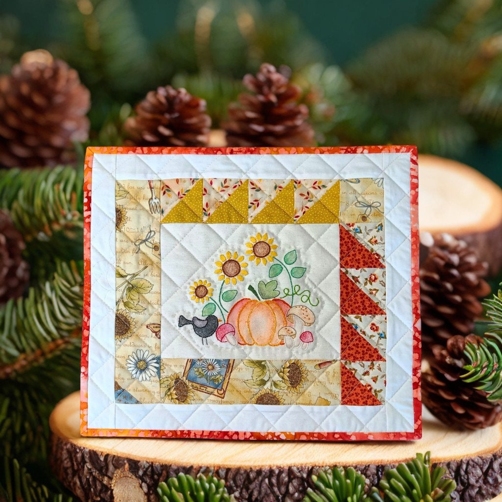Autumn Quilt With Pumpkin and Sunflowers, Hand Embroidery Fall Mini ...