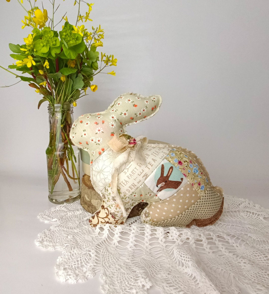 Patchwork Fabric Bunny Shelf Sitter, Easter Table Decor, Unique Scrap ...