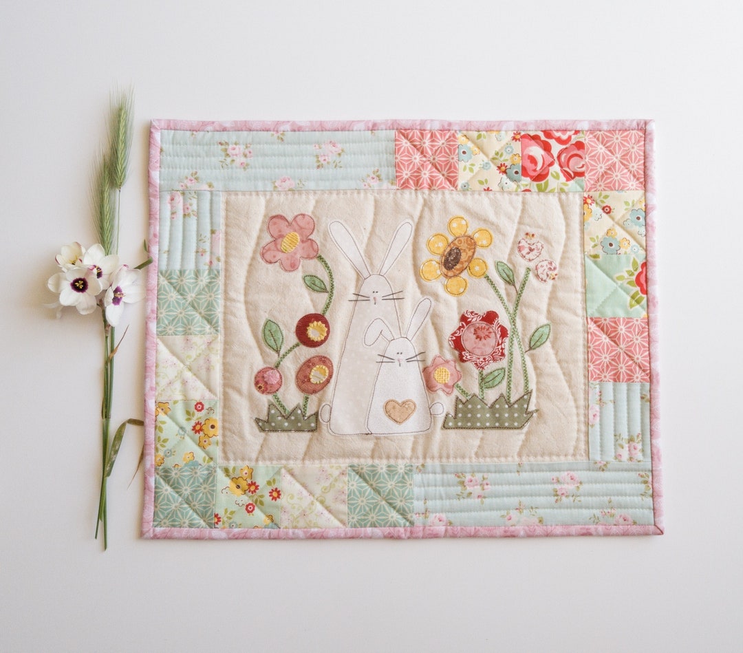 Mini Quilt Featuring Cute Bunnies and Flowers, Handmade Farmhouse Panel ...