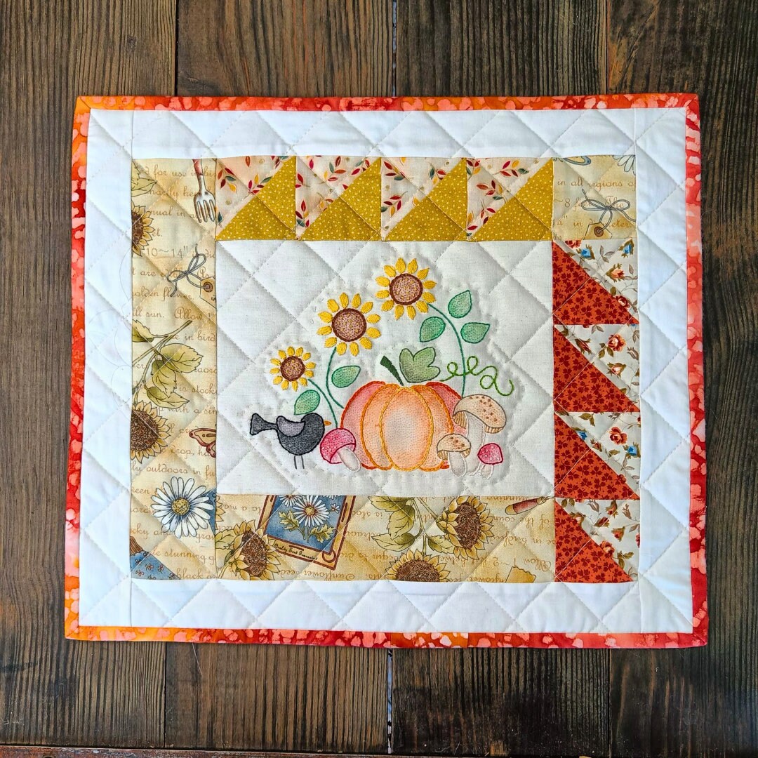 Autumn Quilt With Pumpkin and Sunflowers, Hand Embroidery Fall Mini ...