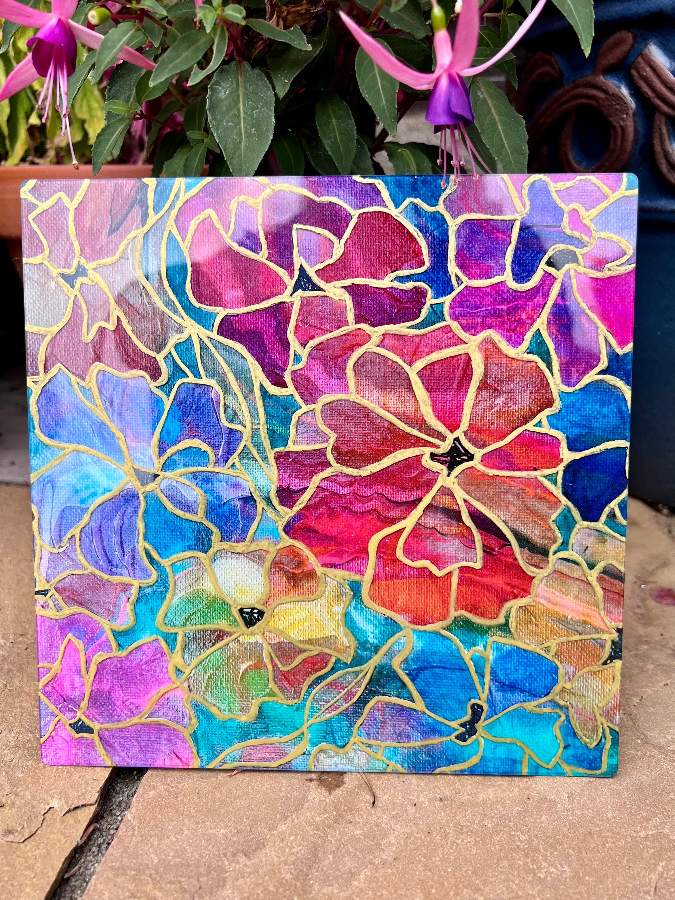 Floral Glass Wall Tile, Wall Art, Colourful Abstract Flower Embellished ...