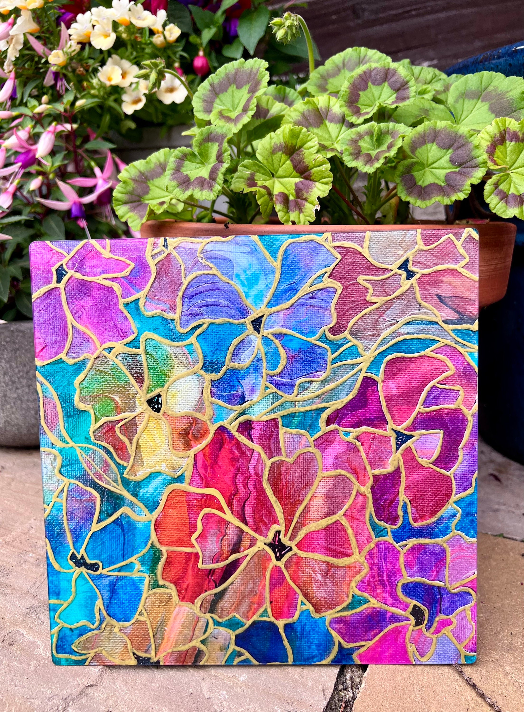 Floral Glass Wall Tile, Wall Art, Colourful Abstract Flower Embellished ...