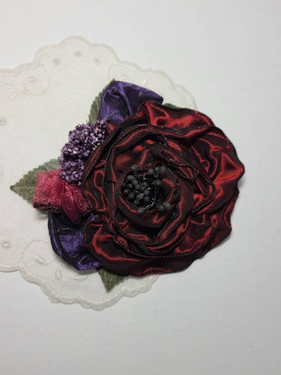 Ribbon Rose Corsage. Deep Ruby Red Ribbon Flower Brooch. Hat Flower ...