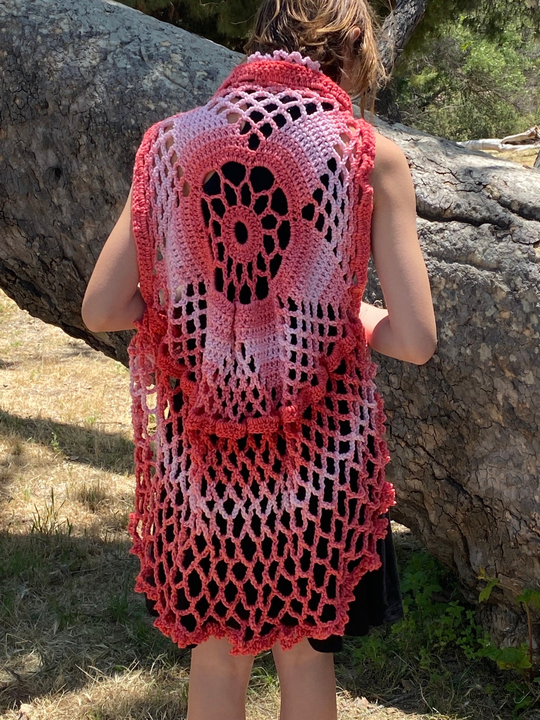 Boho Sheek Festival Ombré Coral Pink Crochet Vest Doily Shawl ...