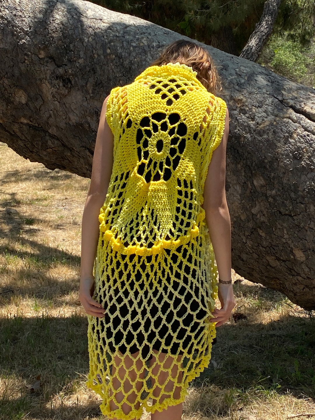 Boho Sheek Festival Ombré Yellow Crochet Vest Doily Shawl Handcrafted ...