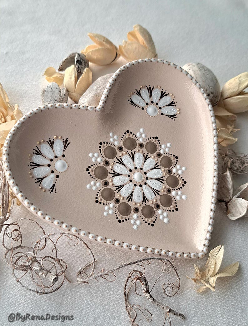 Beautiful Peach and White Mandala Heart Ring Dish and Tea Light Gift ...