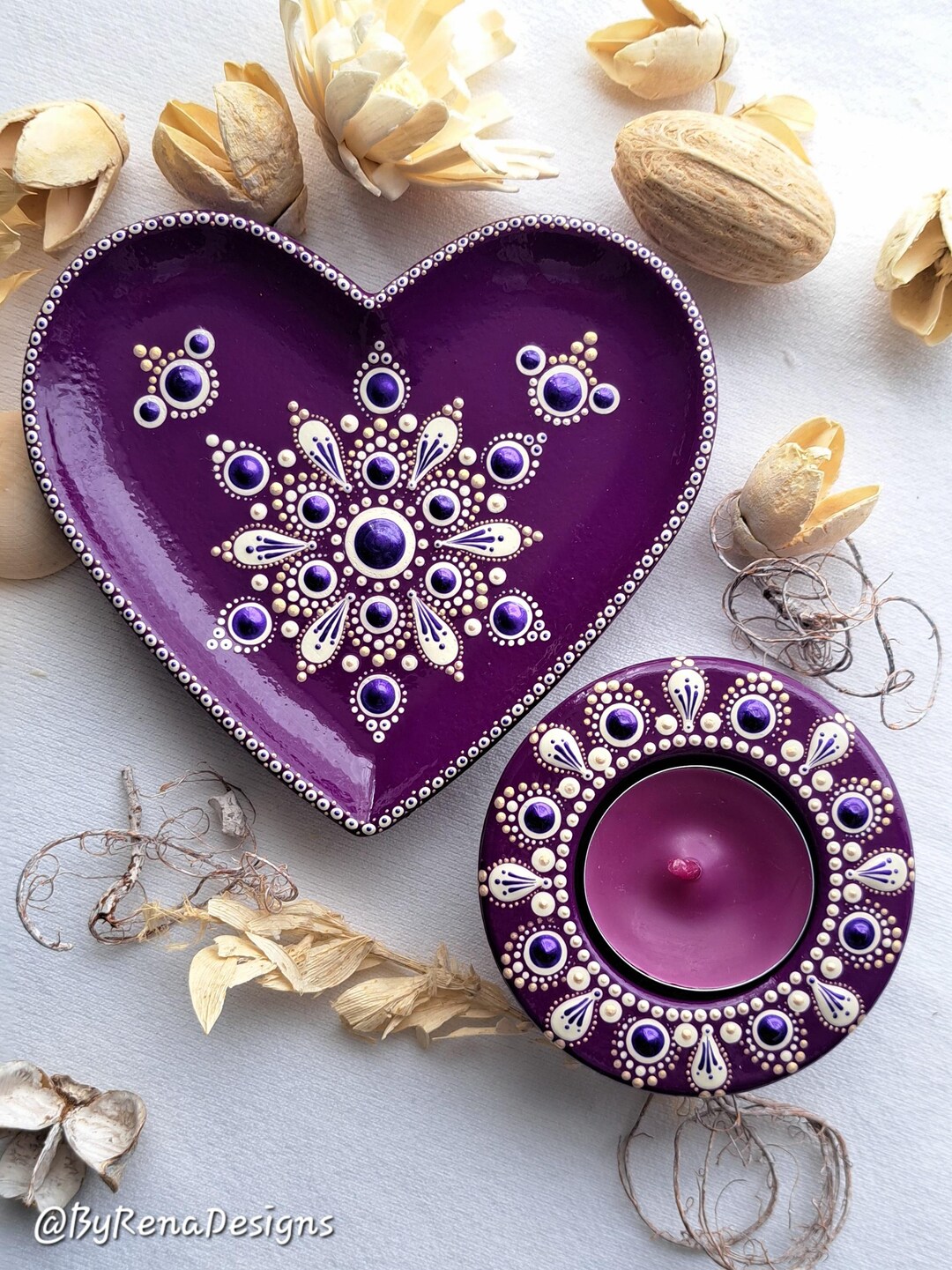 Beautiful Bright Purple Mandala Heart Ring Dish and Tea Light Gift Set ...
