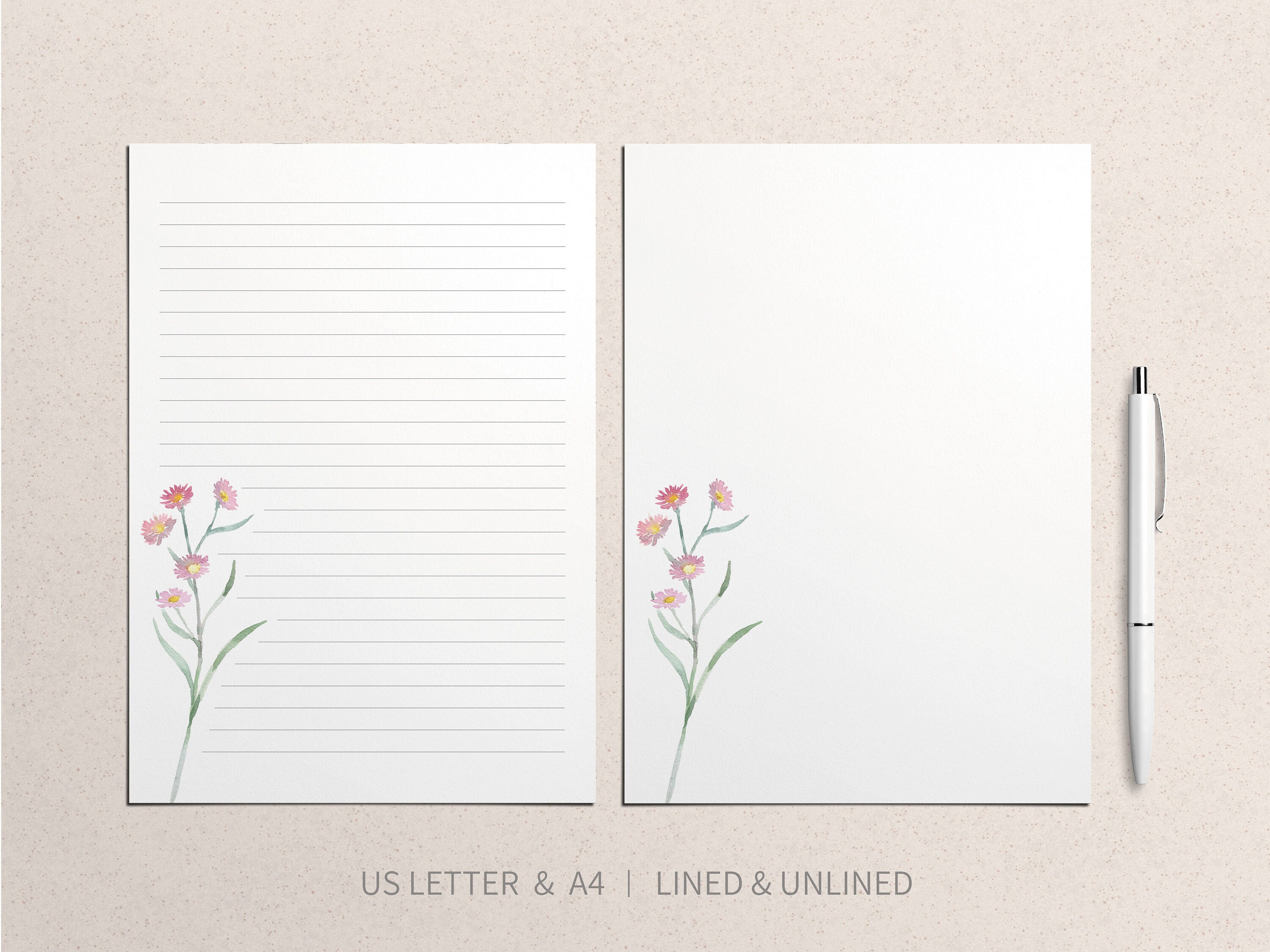 Aster Floral Printable Stationery Paper, Pink Flower Writing Paper ...