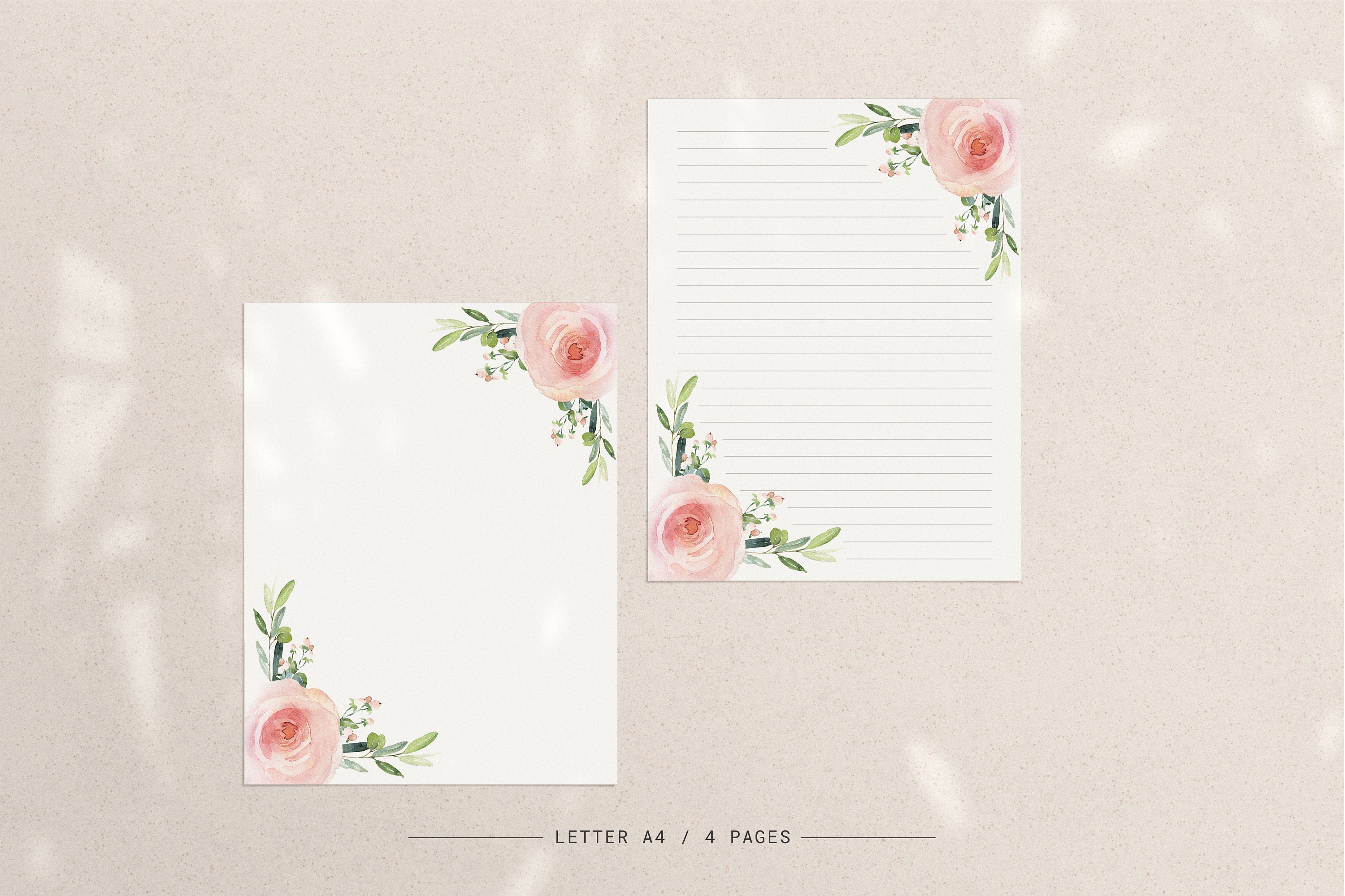 Pink Roses Stationery Paper, Digital Letter Writing Paper, Lined ...