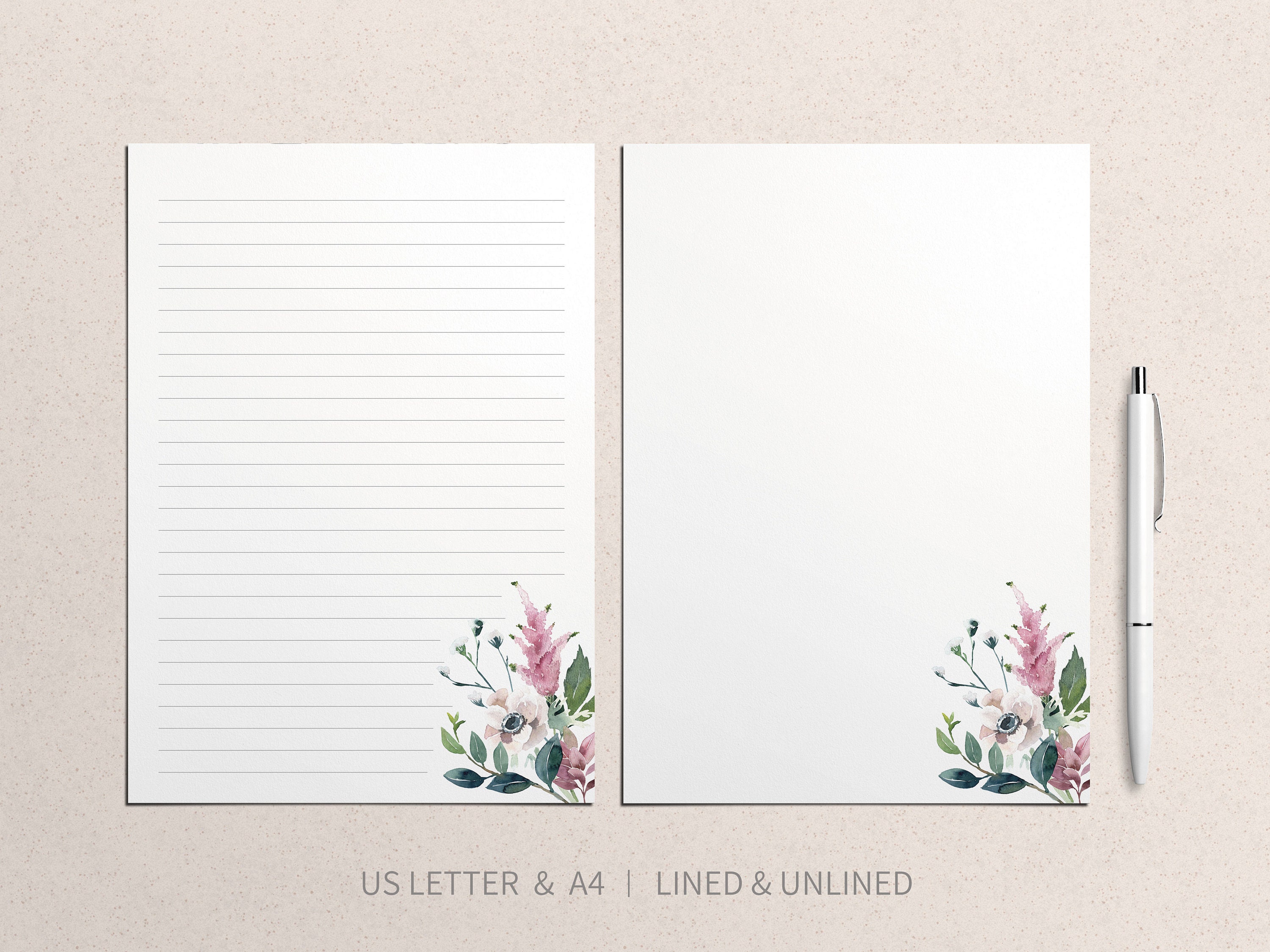 Floral Printable Stationery Paper, Pink Flower Writing Paper, Digital ...