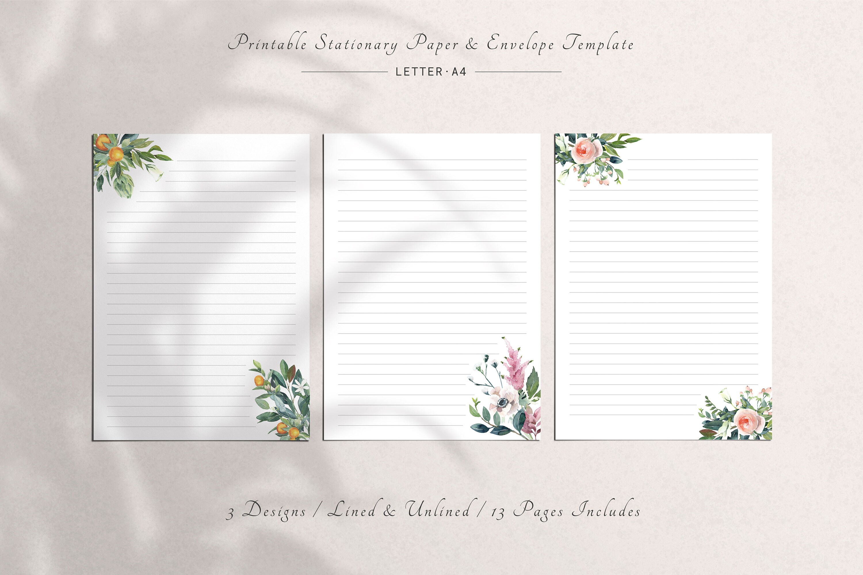 Floral Printable Stationery Paper Set, Lined Paper Download, Minimalist ...