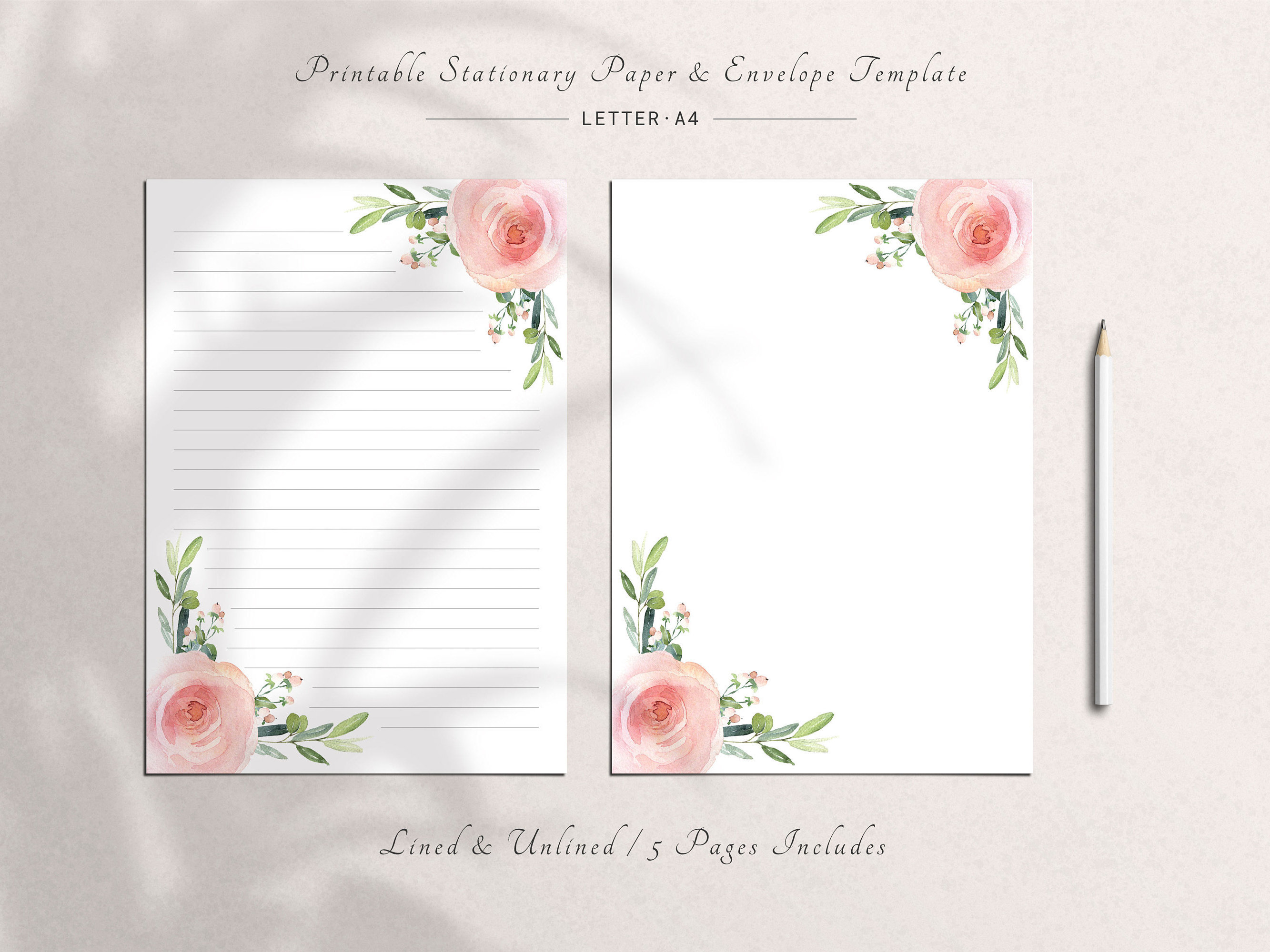 Pink Roses Stationery Paper, Digital Letter Writing Paper, Lined ...