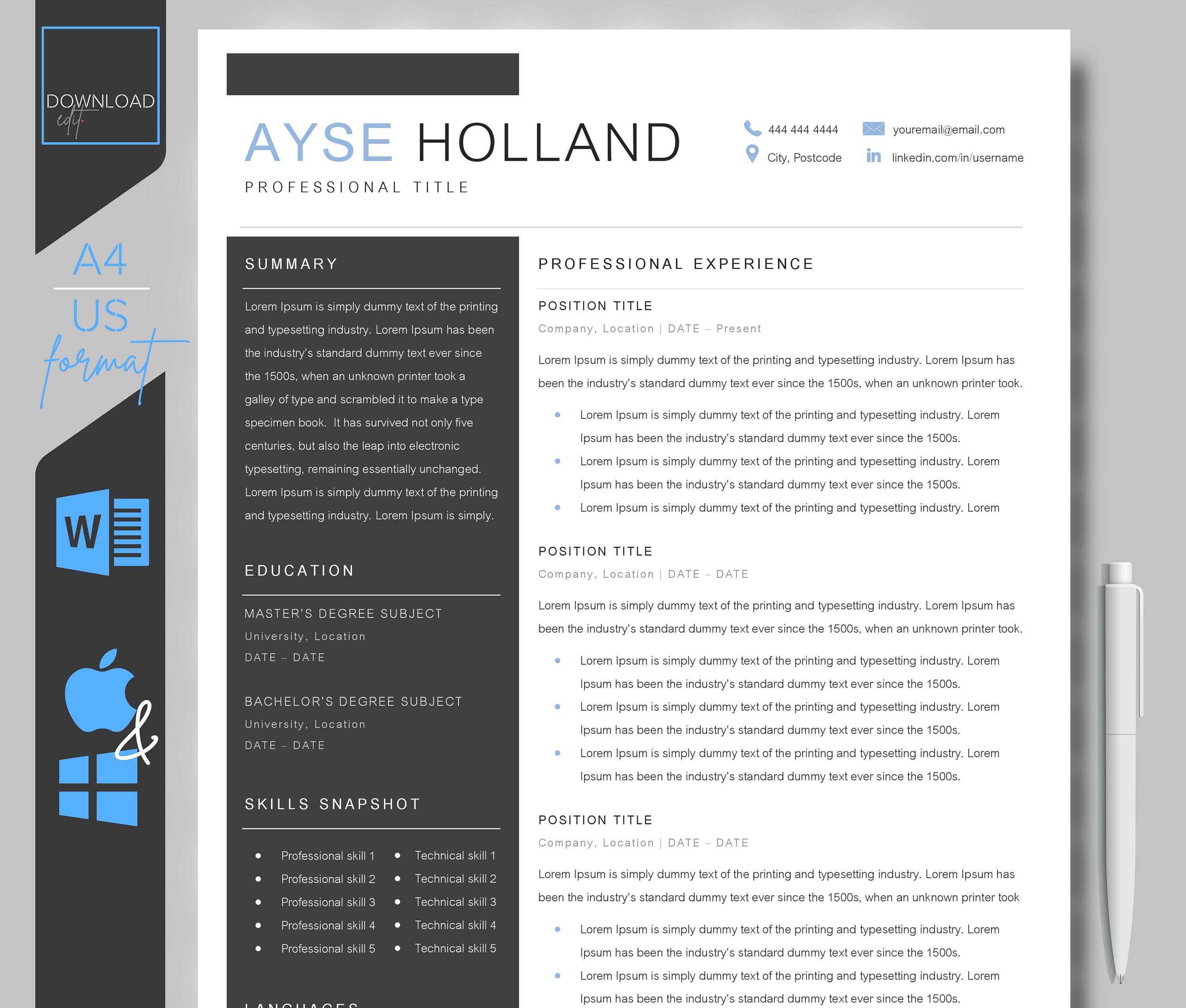 Modern Creative CV Template Pack for MS Word 1 2 Page - Etsy