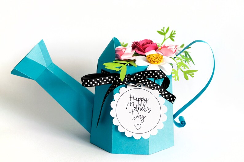 3D paper watering can with rolled flowers svg digital template | Etsy