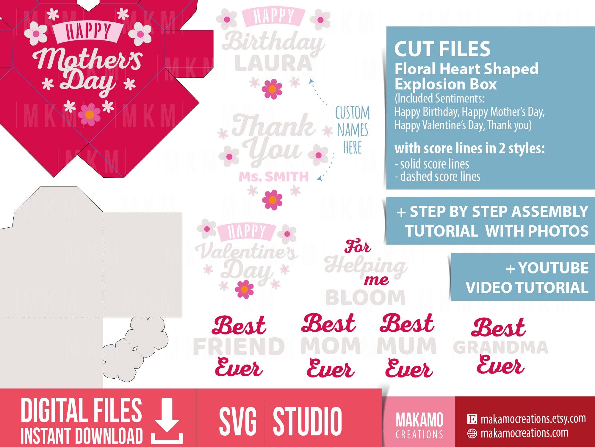 DIY Floral Heart Explosion Box SVG Template: Valentine's Day, Birthday ...