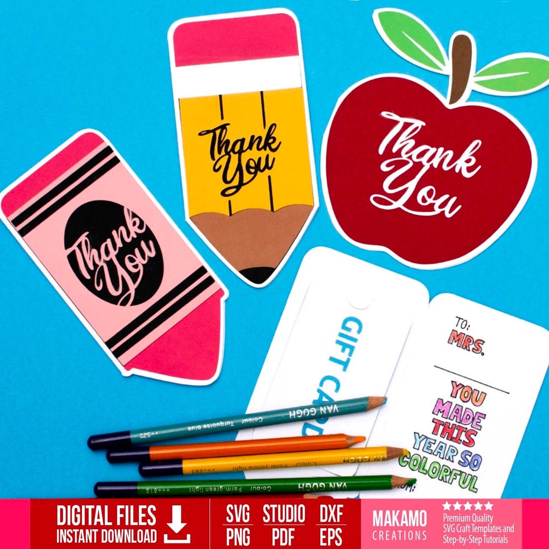 Teacher Appreciation Gift Card Holder SVG Bundle: Apple, Crayon, Pencil ...
