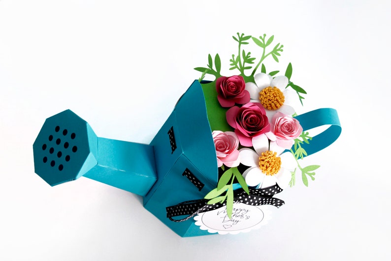 3D paper watering can with rolled flowers svg digital template | Etsy