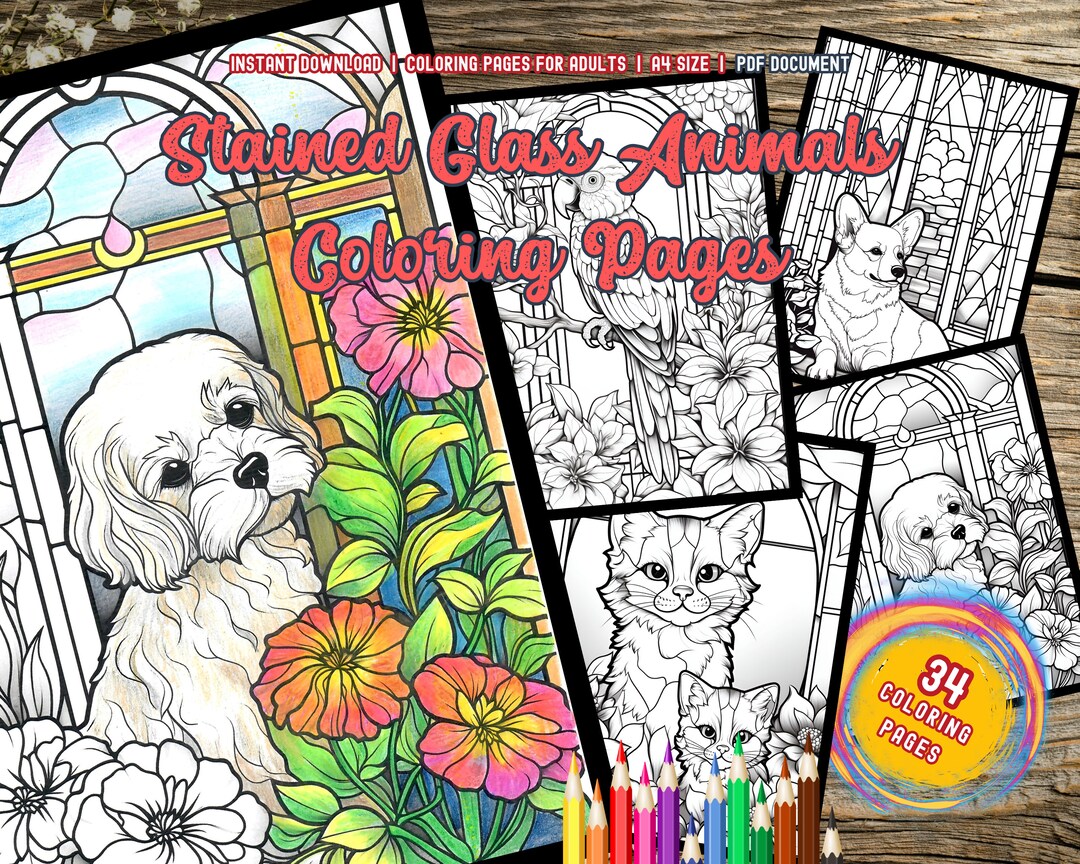 34 Stained Glass Animals, Coloring Book for Adults and Kids, Coloring ...