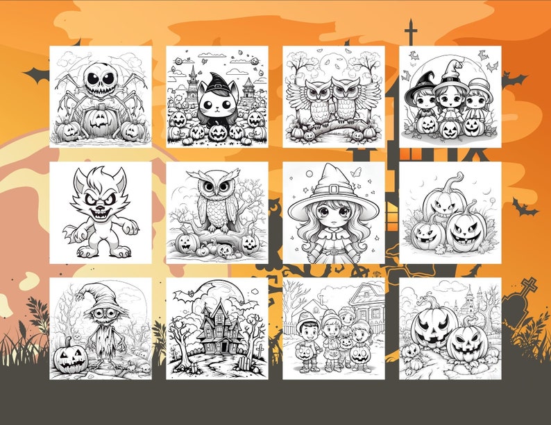 50 Halloween Coloring Pages Bundle, Halloween Characters Coloring ...