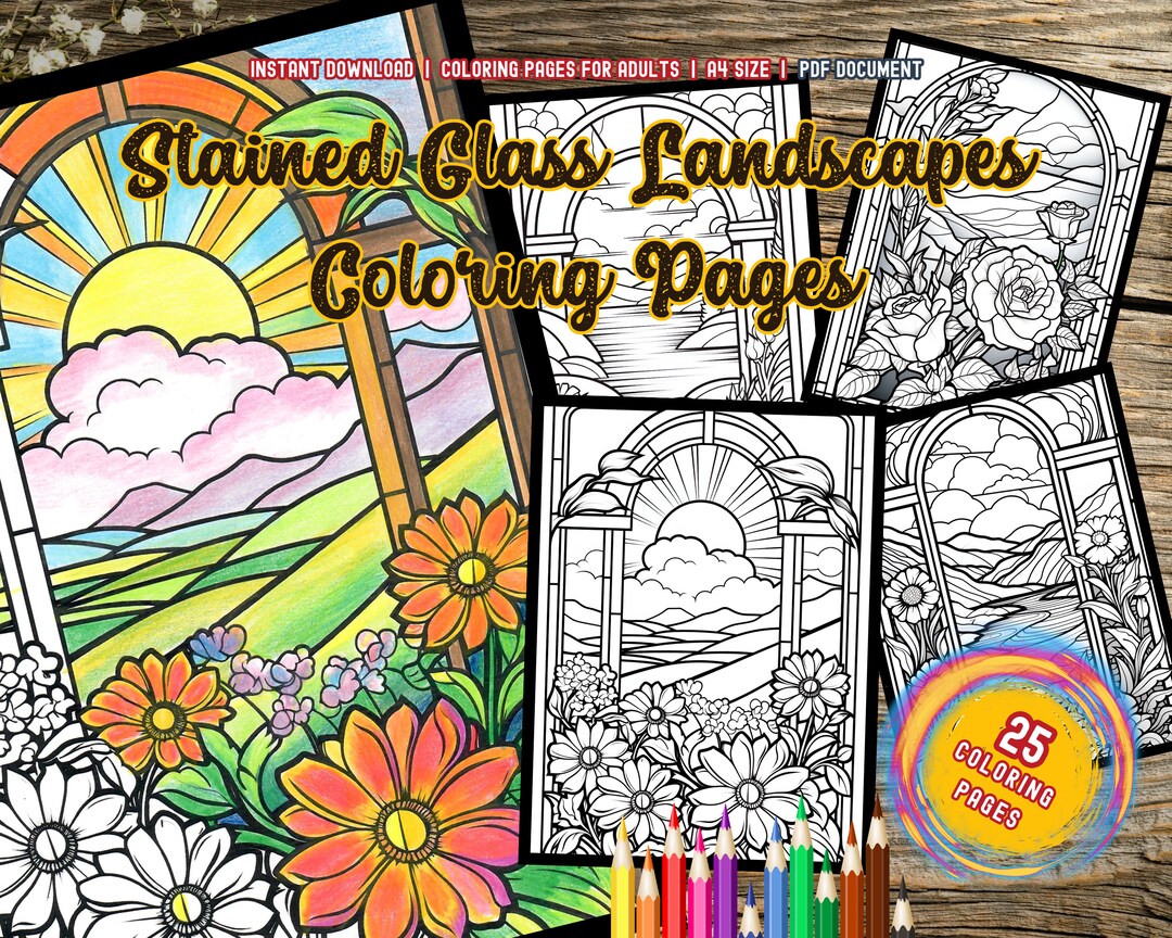 25 Stained Glass Landscapes, Coloring Book for Adults and Kids ...
