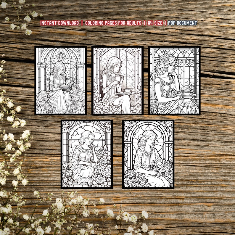 20 Stained Glass Women Theme, Coloring Book for Adults and Kids ...