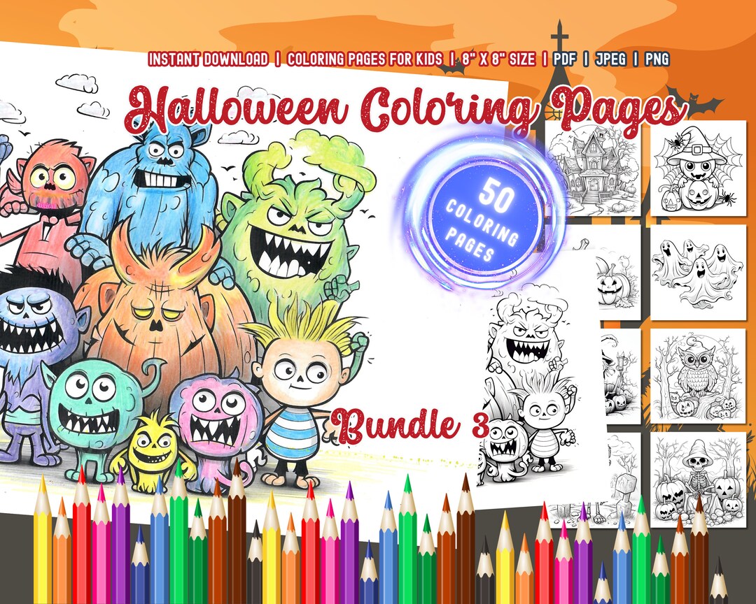 50 Halloween Coloring Pages Bundle, Halloween Characters Coloring ...
