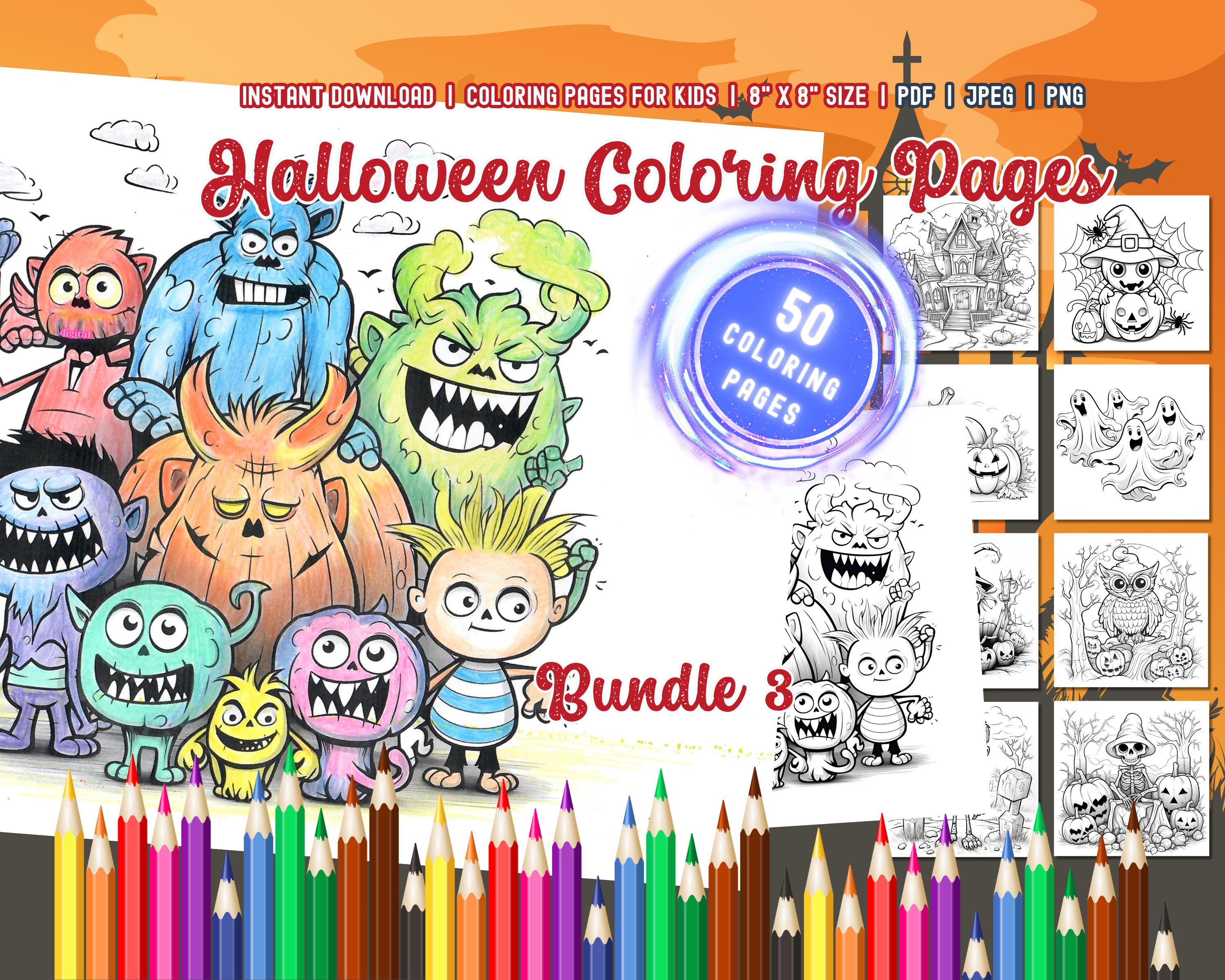 50 Halloween Coloring Pages Bundle, Halloween Characters Coloring ...