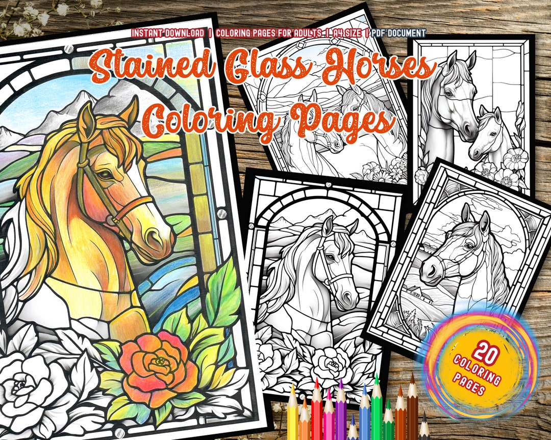 20 Stained Glass Horses, Coloring Book for Adults and Kids, Coloring ...