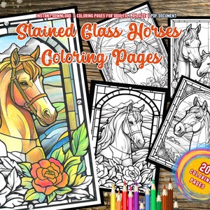 20 Stained Glass Horses, Coloring Book for Adults and Kids, Coloring ...