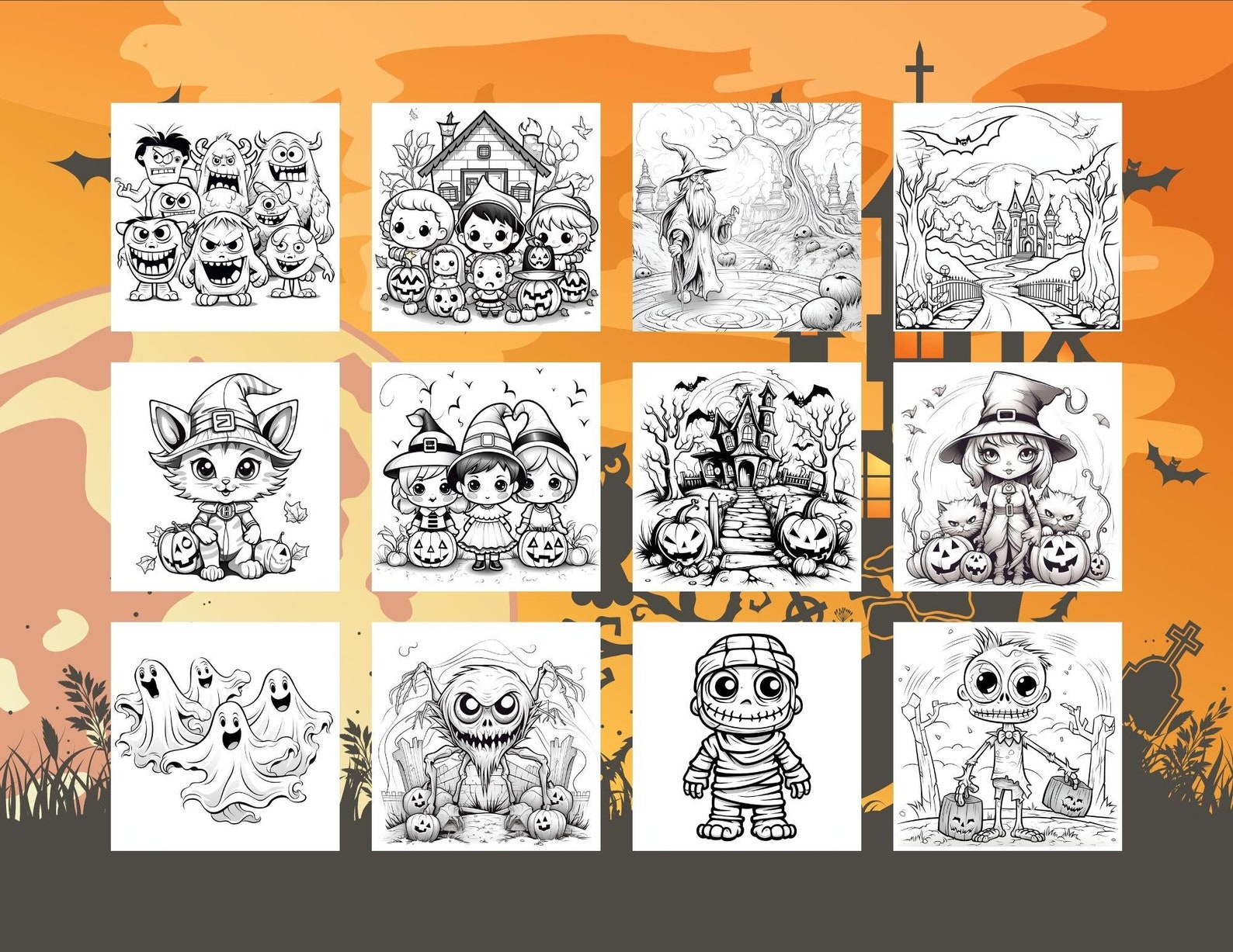 50 Halloween Coloring Pages Bundle, Halloween Coloring Sheets, Spooky ...