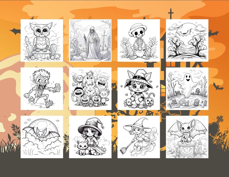 50 Halloween Coloring Pages Bundle, Halloween Characters Coloring ...