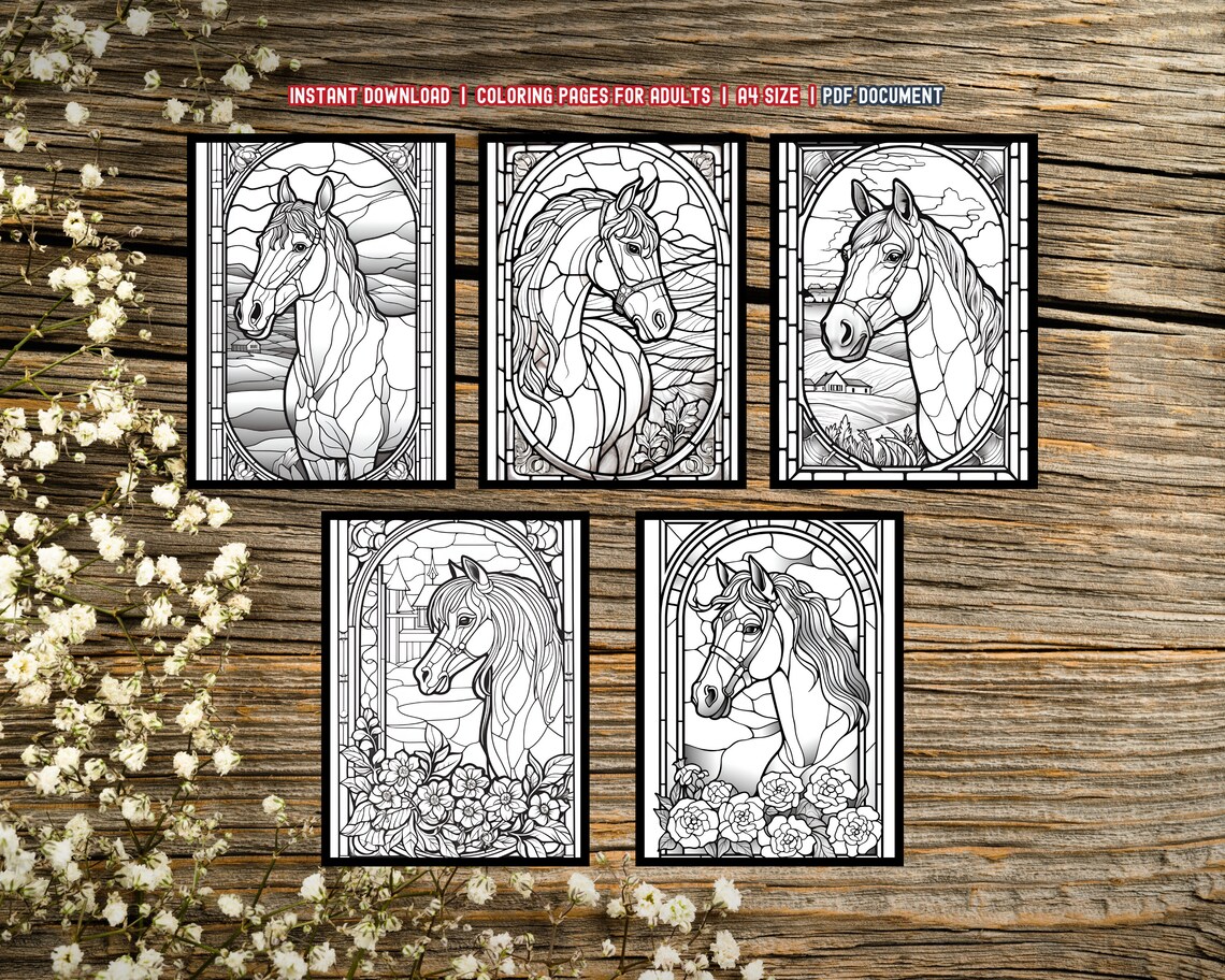 20 Stained Glass Horses, Coloring Book for Adults and Kids, Coloring ...