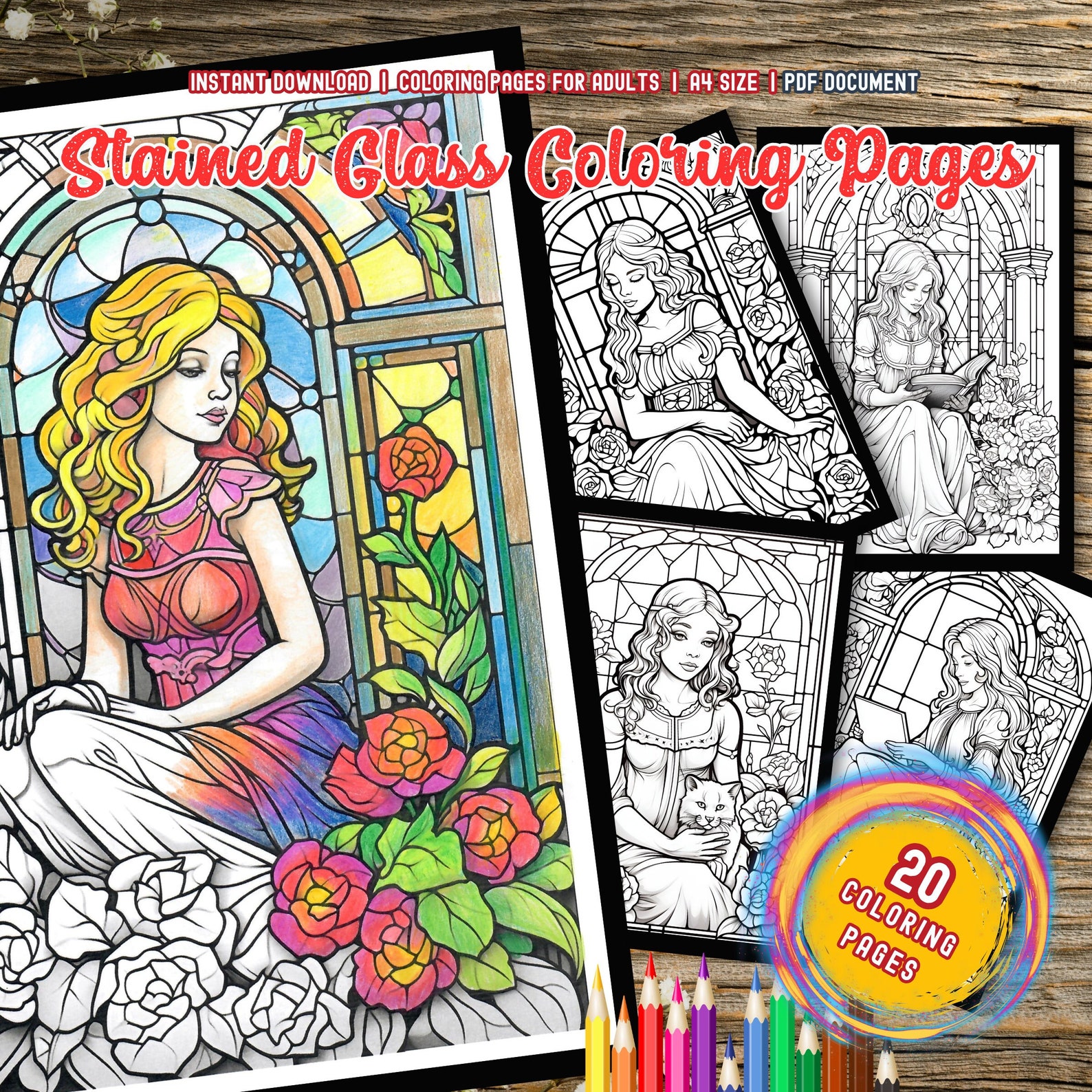 20 Stained Glass Women Theme, Coloring Book for Adults and Kids ...