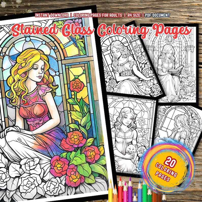 20 Stained Glass Women Theme, Coloring Book for Adults and Kids ...