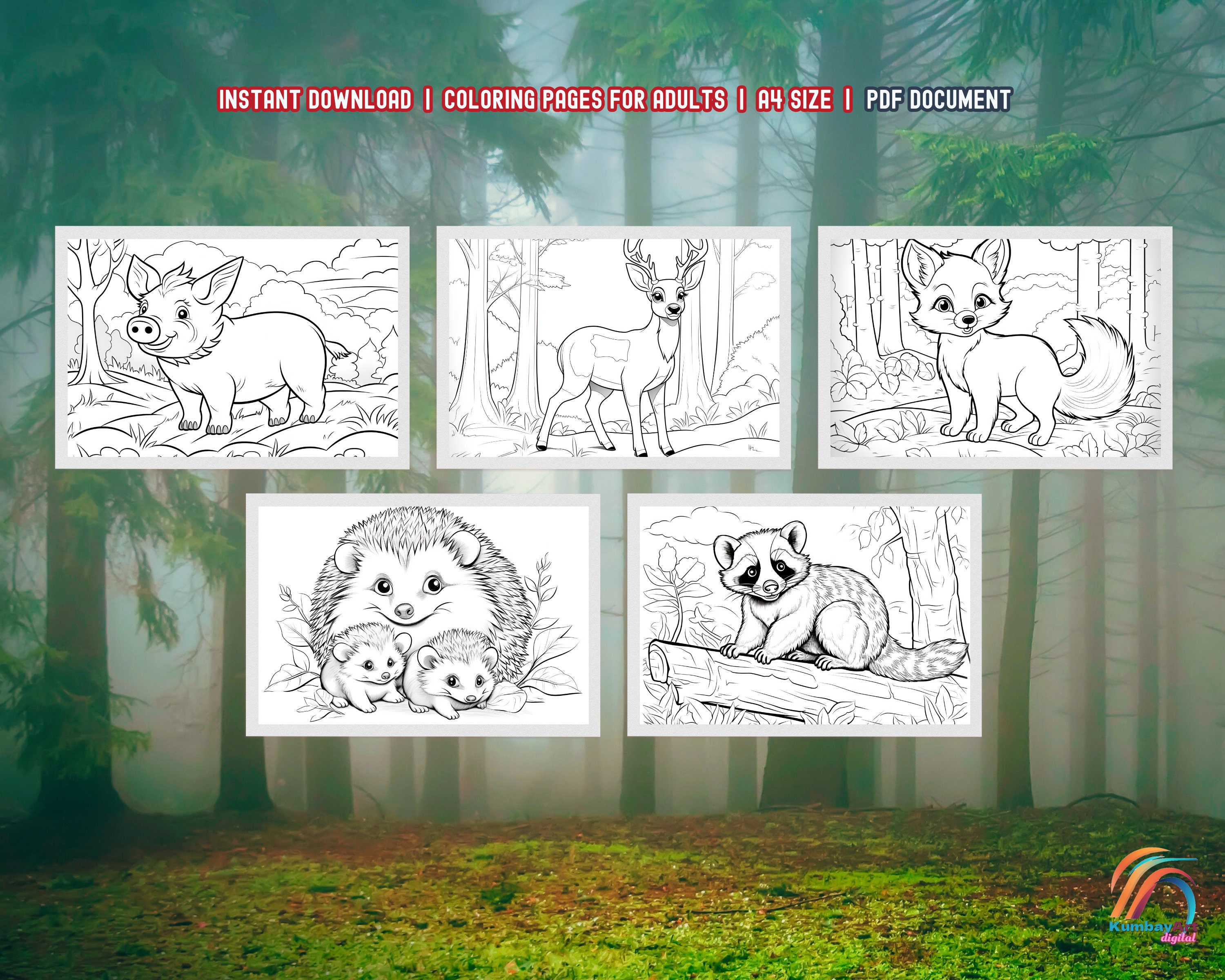 20 Forest Animals, Coloring Pages, Adults and Kids Coloring Book ...