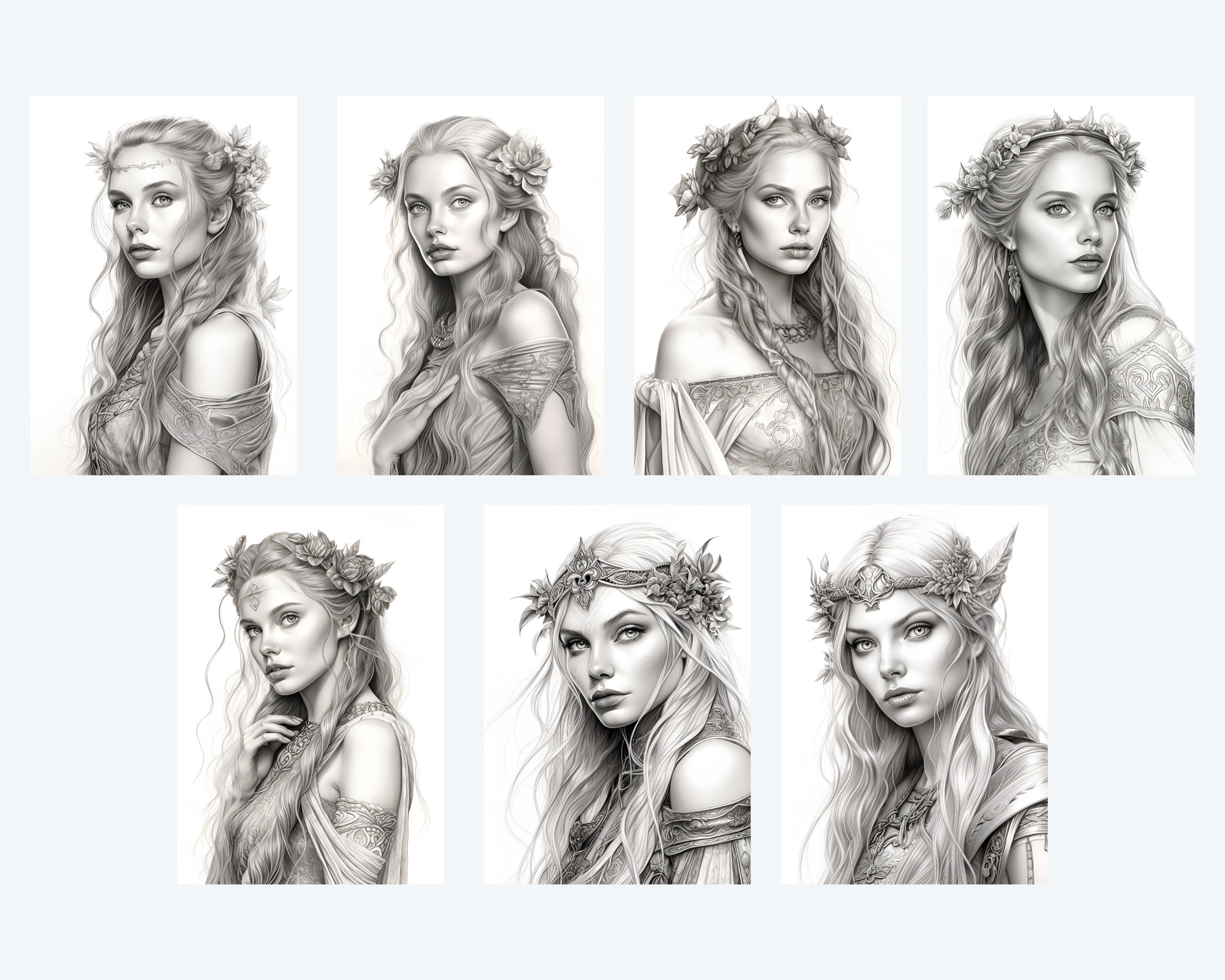 35 Elves and Other Fantasy Characters, Coloring Pages, Grayscale ...