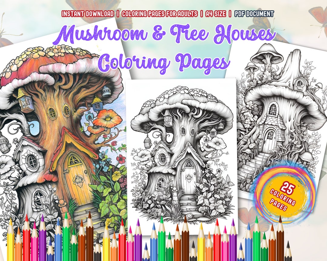 25 Mushroom and Tree Houses, Coloring Book for Adults and Kids ...