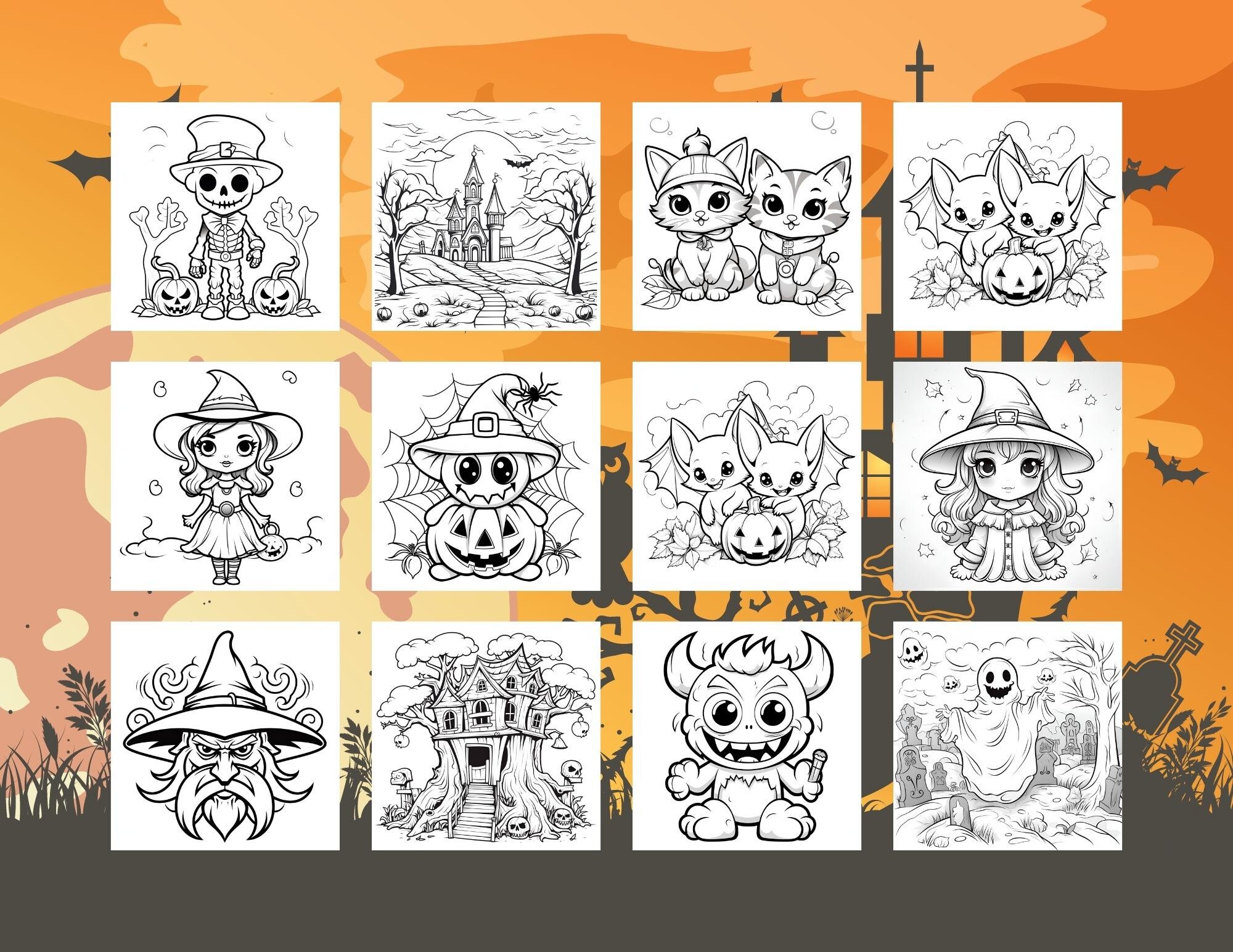 50 Halloween Coloring Pages Bundle, Halloween Characters Coloring ...
