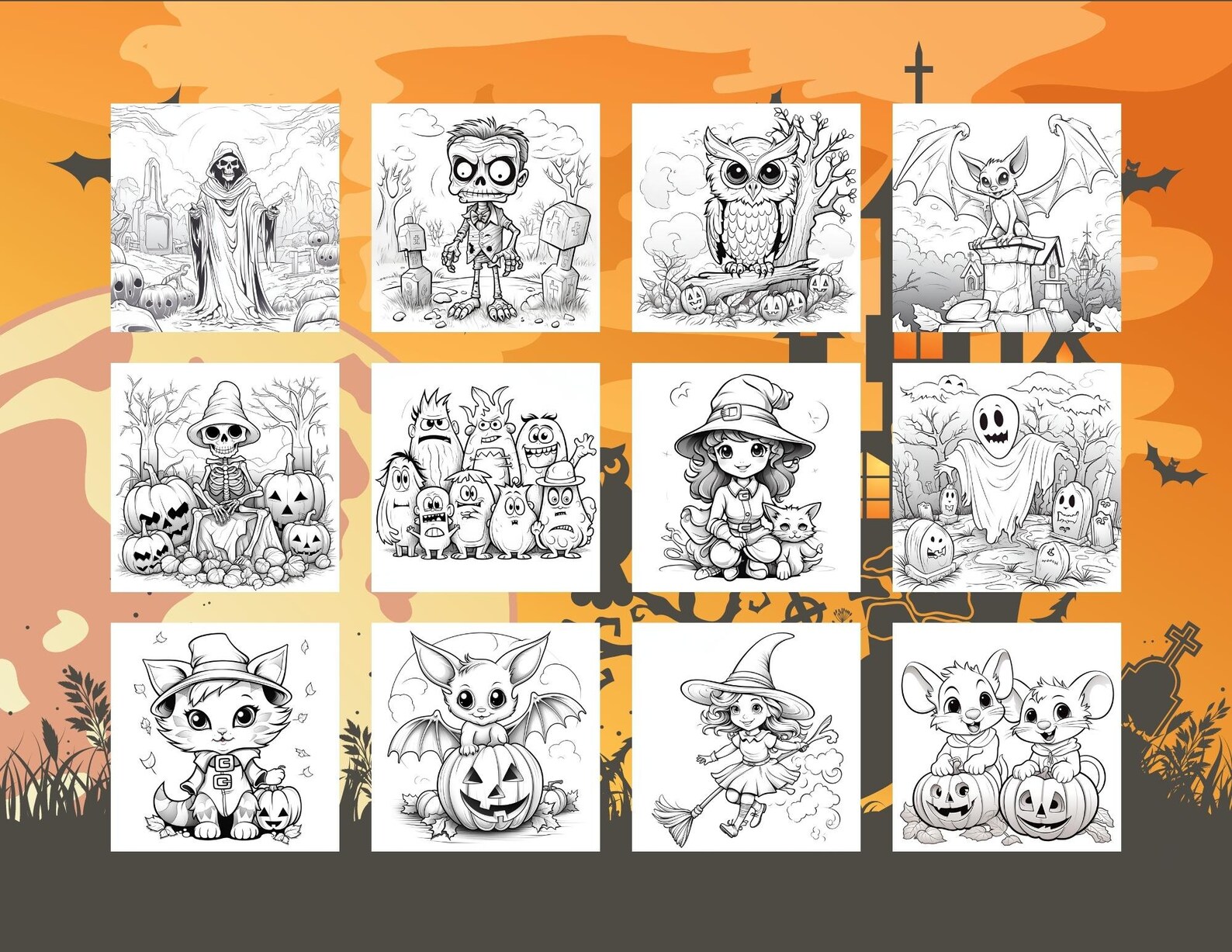 50 Halloween Coloring Pages Bundle, Halloween Coloring Sheets, Spooky ...