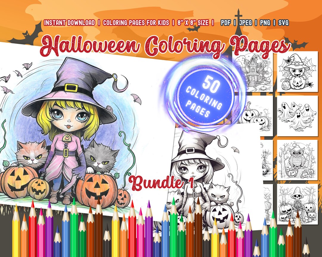 50 Halloween Coloring Pages Bundle, Halloween Coloring Sheets, Spooky ...