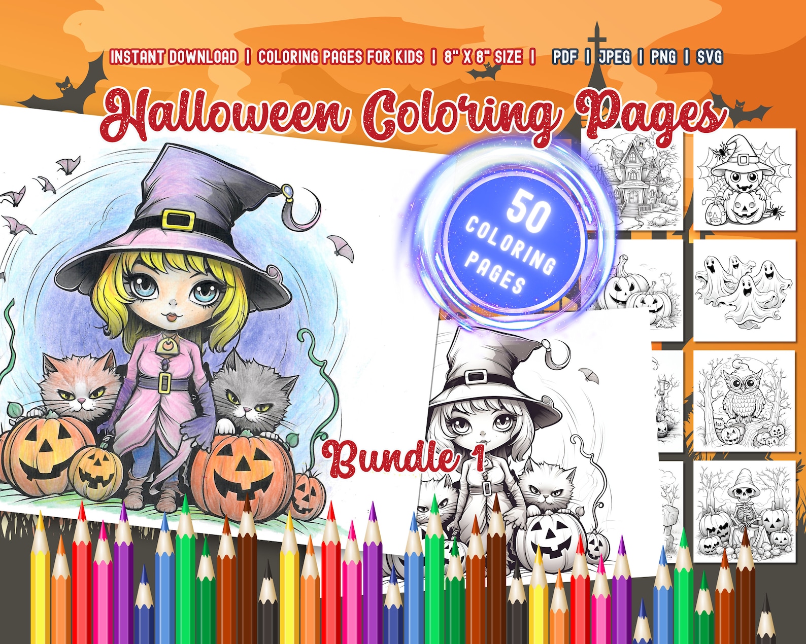 50 Halloween Coloring Pages Bundle, Halloween Coloring Sheets, Spooky ...
