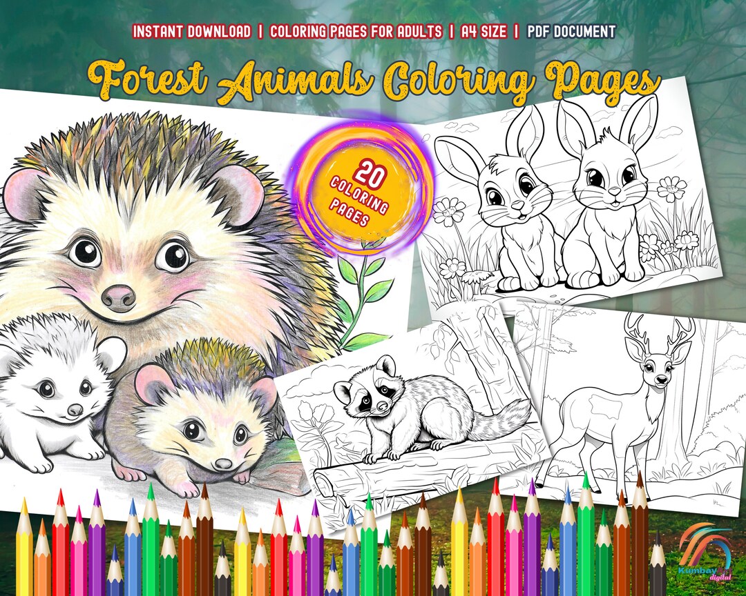 20 Forest Animals, Coloring Pages, Adults and Kids Coloring Book ...