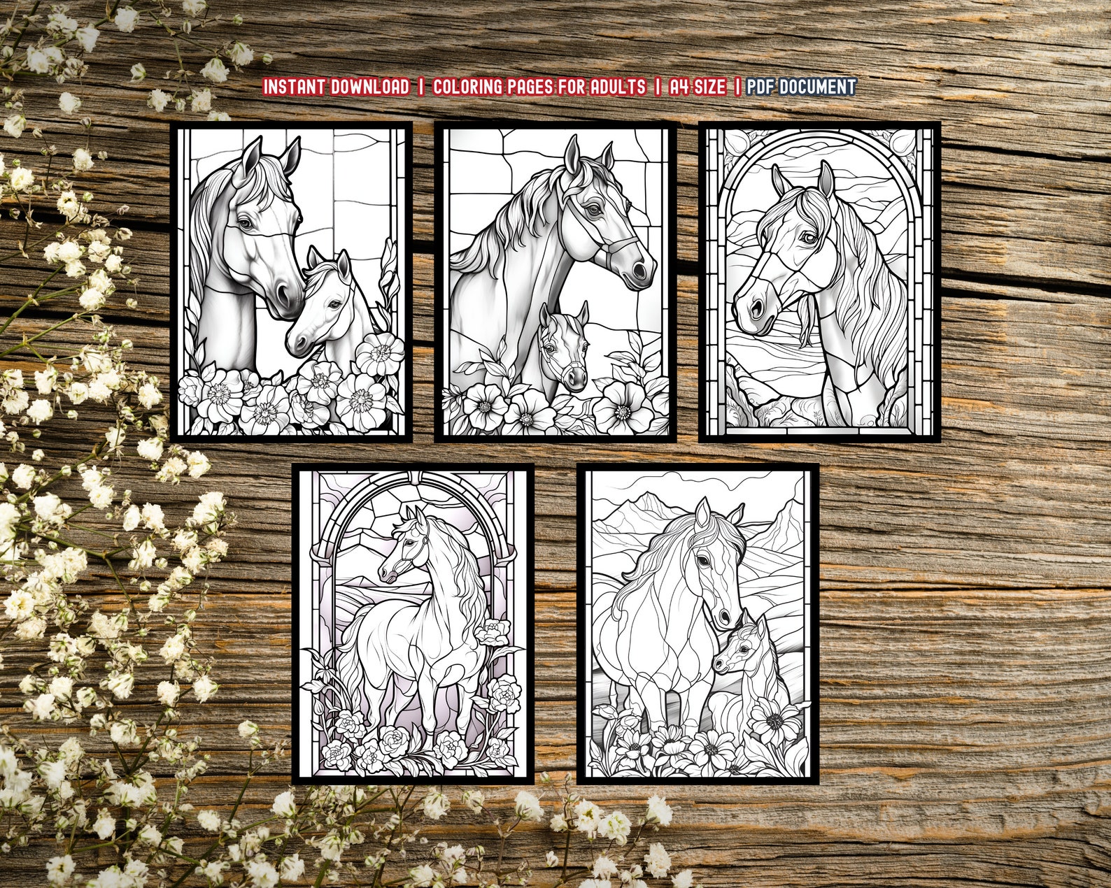 20 Stained Glass Horses, Coloring Book for Adults and Kids, Coloring ...
