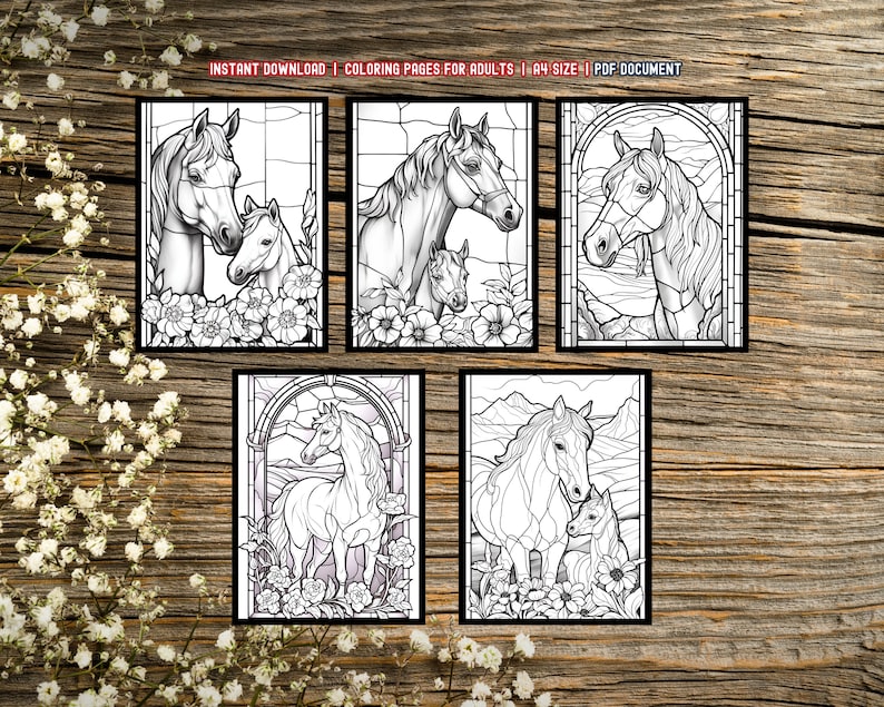 20 Stained Glass Horses, Coloring Book for Adults and Kids, Coloring ...