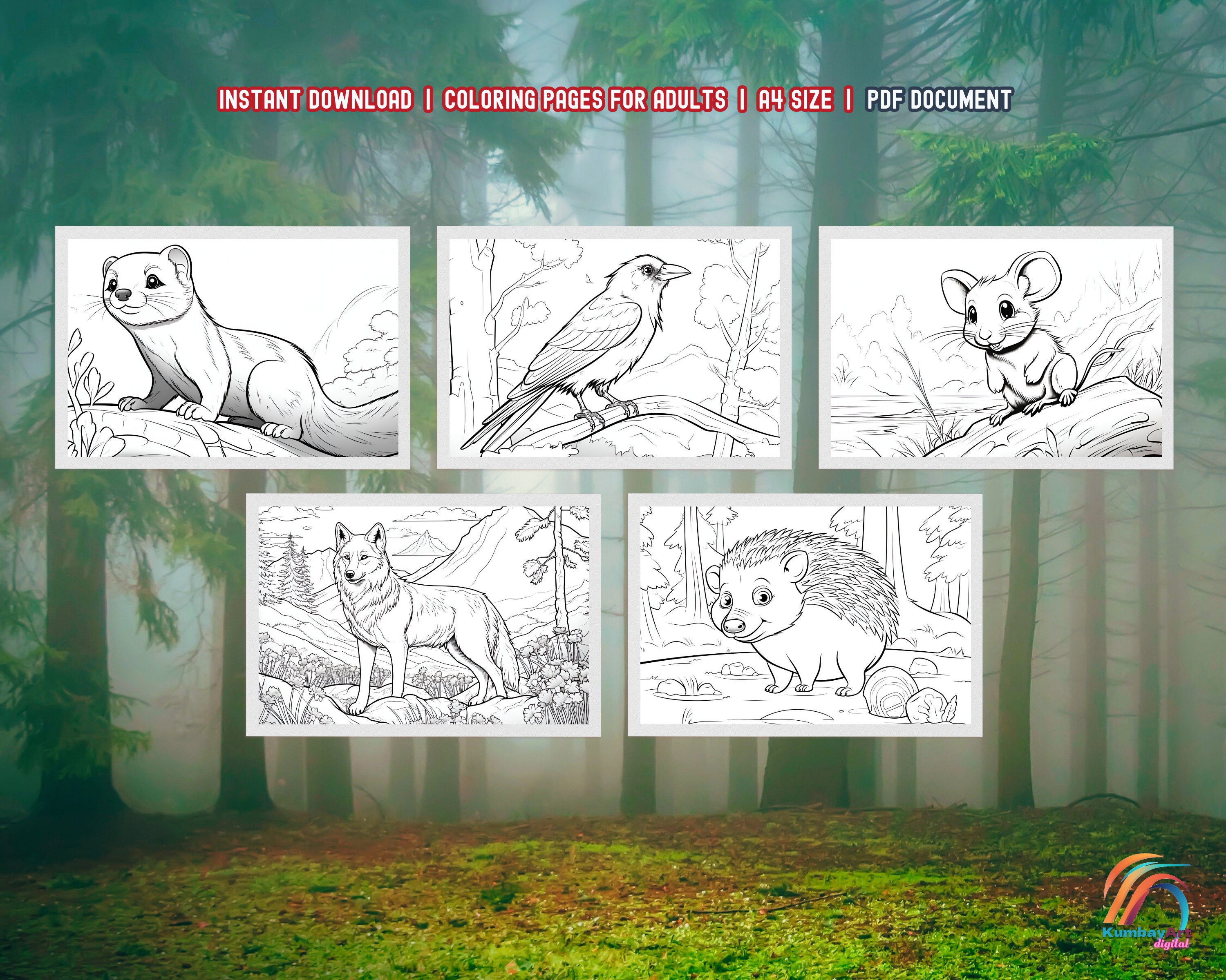 20 Forest Animals, Coloring Pages, Adults and Kids Coloring Book ...