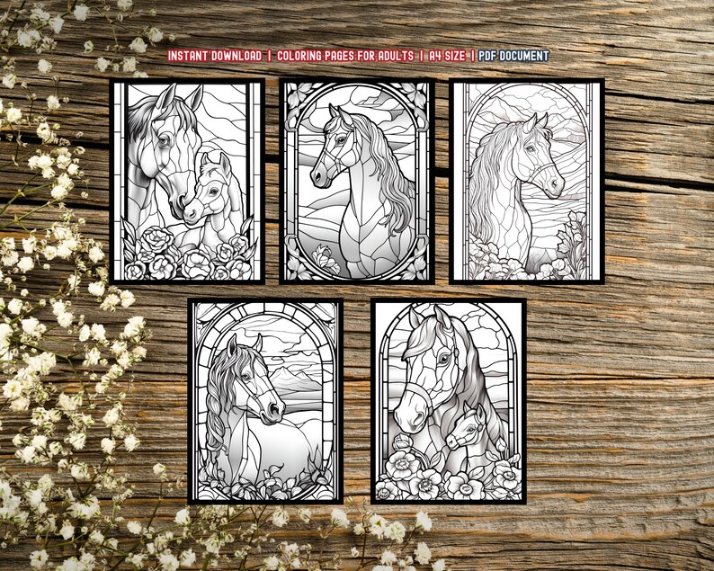 20 Stained Glass Horses, Coloring Book for Adults and Kids, Coloring ...