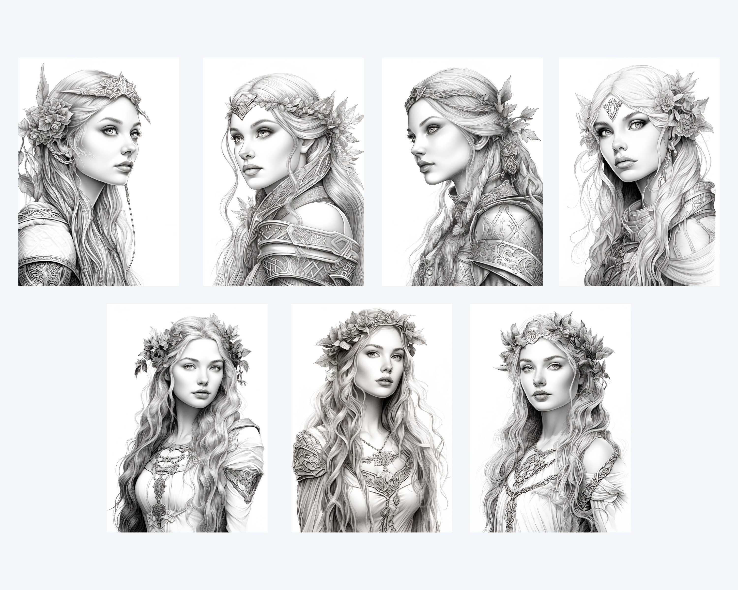 35 Elves and Other Fantasy Characters, Coloring Pages, Grayscale ...