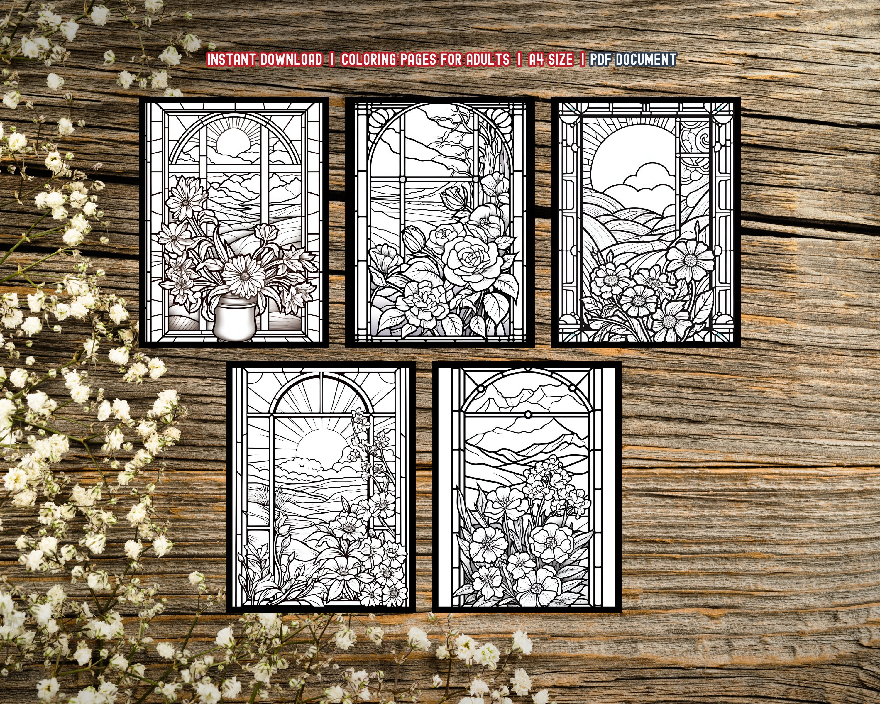 25 Stained Glass Landscapes, Coloring Book for Adults and Kids ...