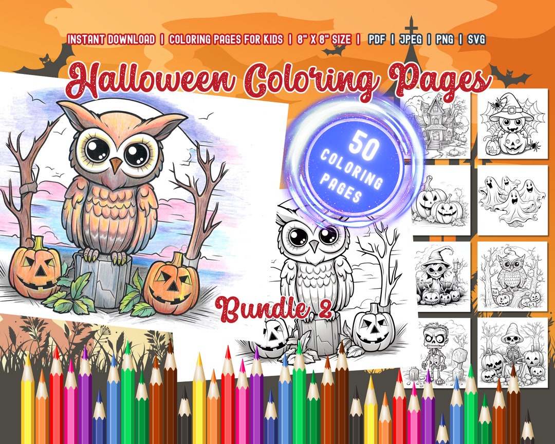 50 Halloween Coloring Pages Bundle, Halloween Characters Coloring ...
